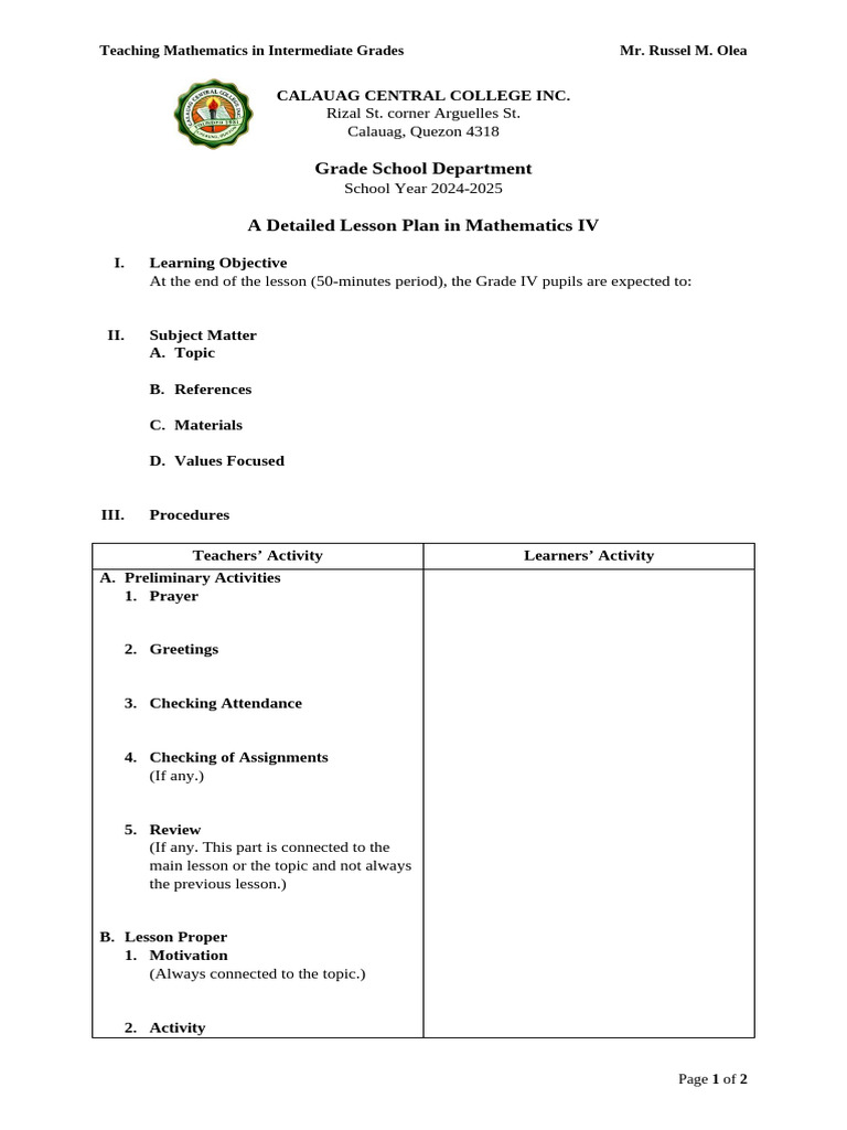DLP Outline in Mathematics 1 | PDF