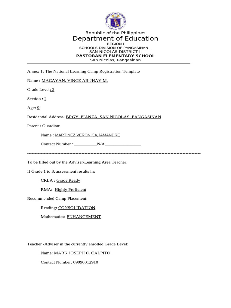 National Learning Camp Registration Form | PDF | Learning