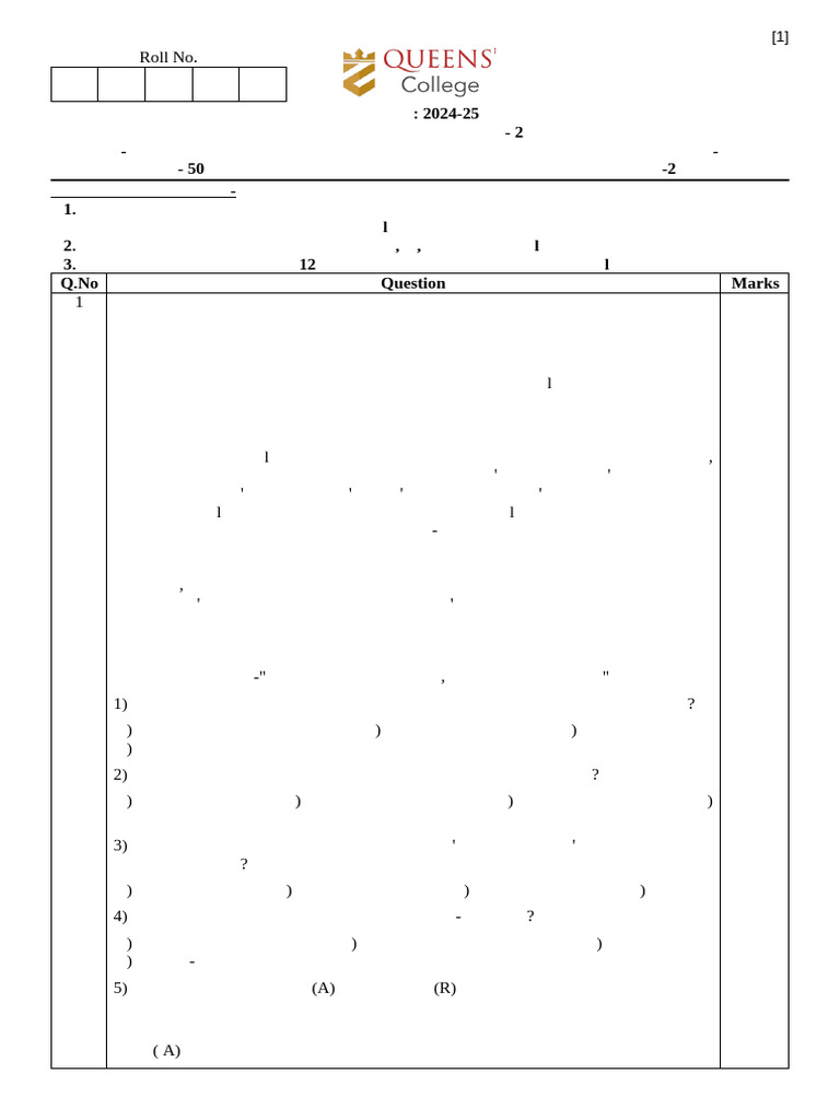 QP Blank Format-All Classes (2024-25) | PDF