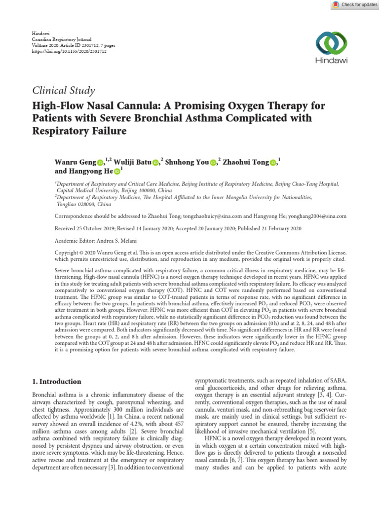 Canadian Respiratory Journal - 2020 - Geng - High Flow Nasal Cannula A ...
