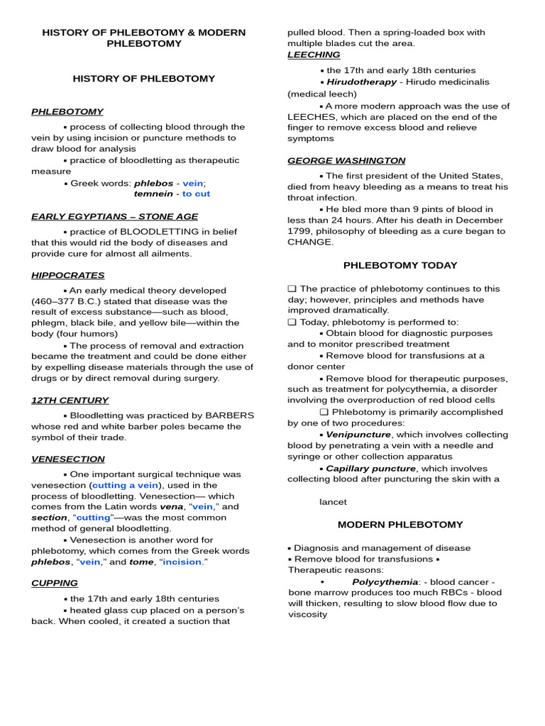 History of Phlebotomy and Modern Phlebotomy | PDF | Infection | Medicine