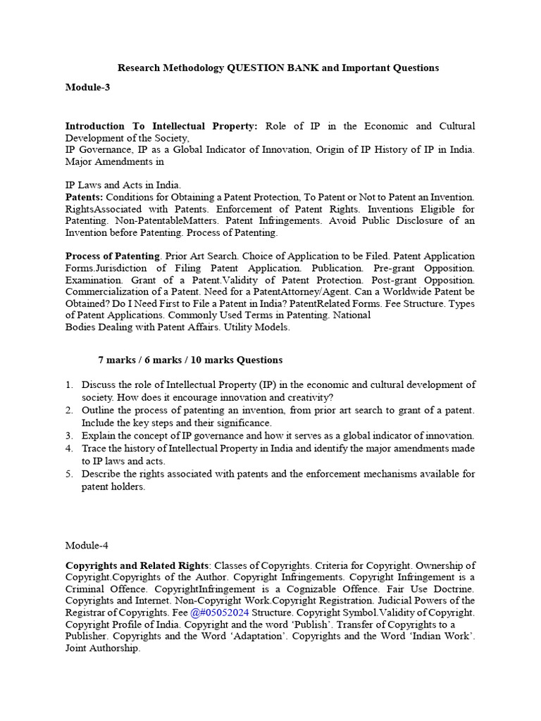 RM Question Bank Module 3 Module 4 Module-5 15-12-2024 | PDF | Patent | Intellectual Property