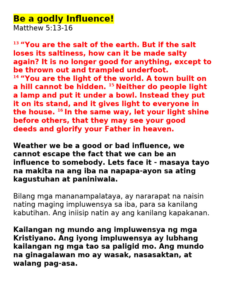 Be A Godly Influence 01232025 | PDF