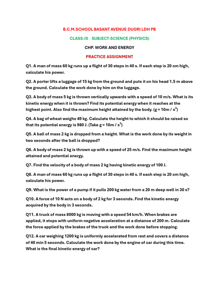 Class IX Physics: Work and Energy Assignment | PDF | Force | Potential ...