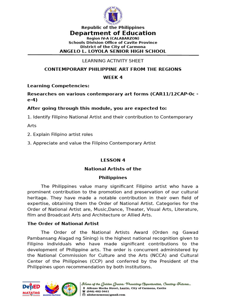 Learning Activity Sheet Week 4 Cpar | PDF | The Arts | Philippines