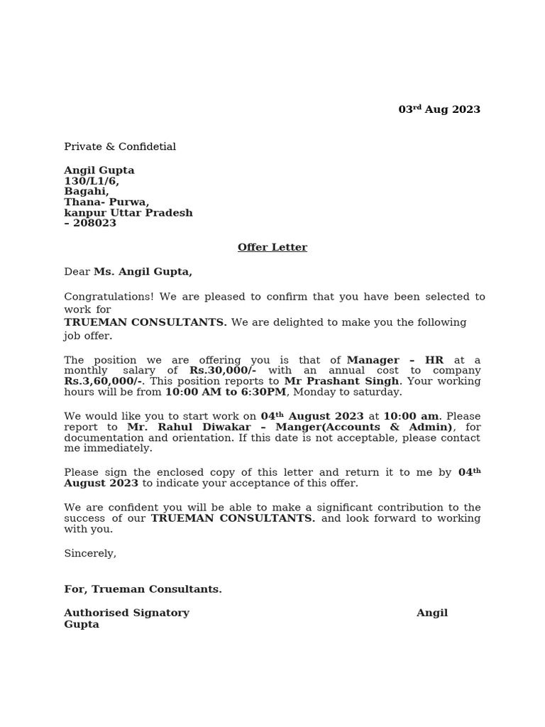 Job Offer for Angil Gupta at Trueman | PDF