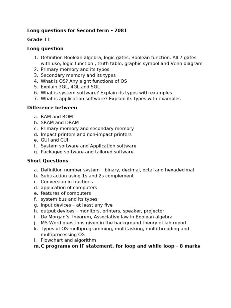 Grade 11 Computer Science Exam Questions | PDF