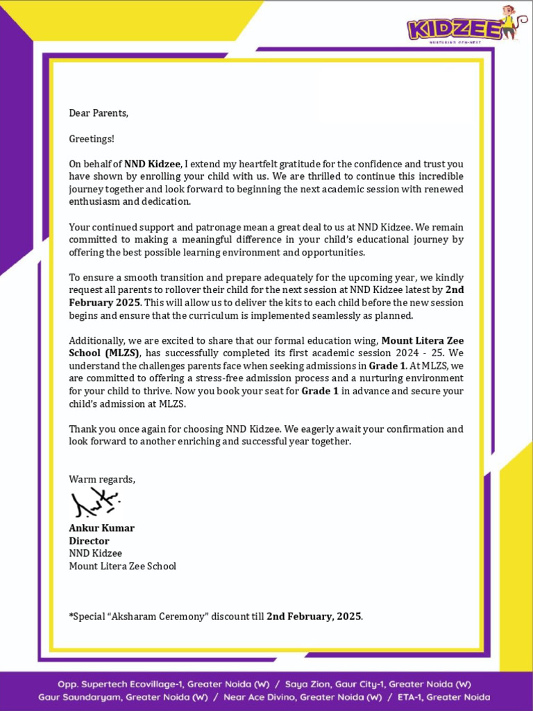 Kidzee Roll Over Letter For Parents - AY 2025 | PDF