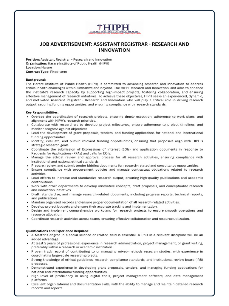 Assistant Registrar Job at HIPH | PDF | Project Management ...