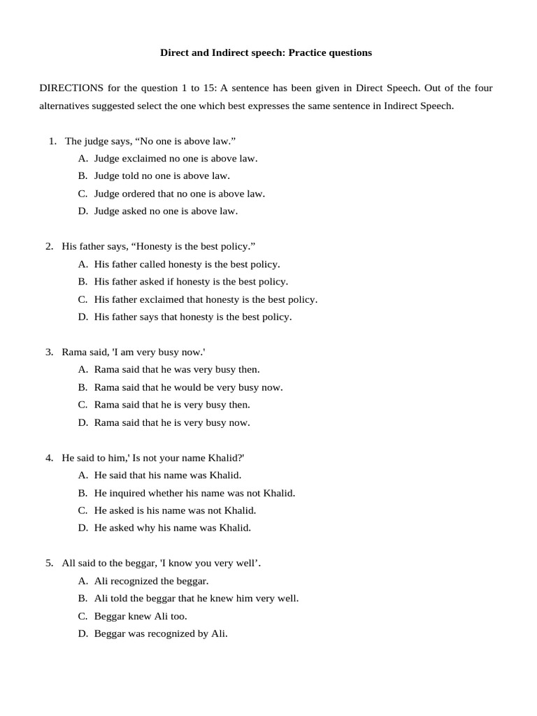 Direct and Indirect Speech Practice Questions | PDF | Verb | Grammar
