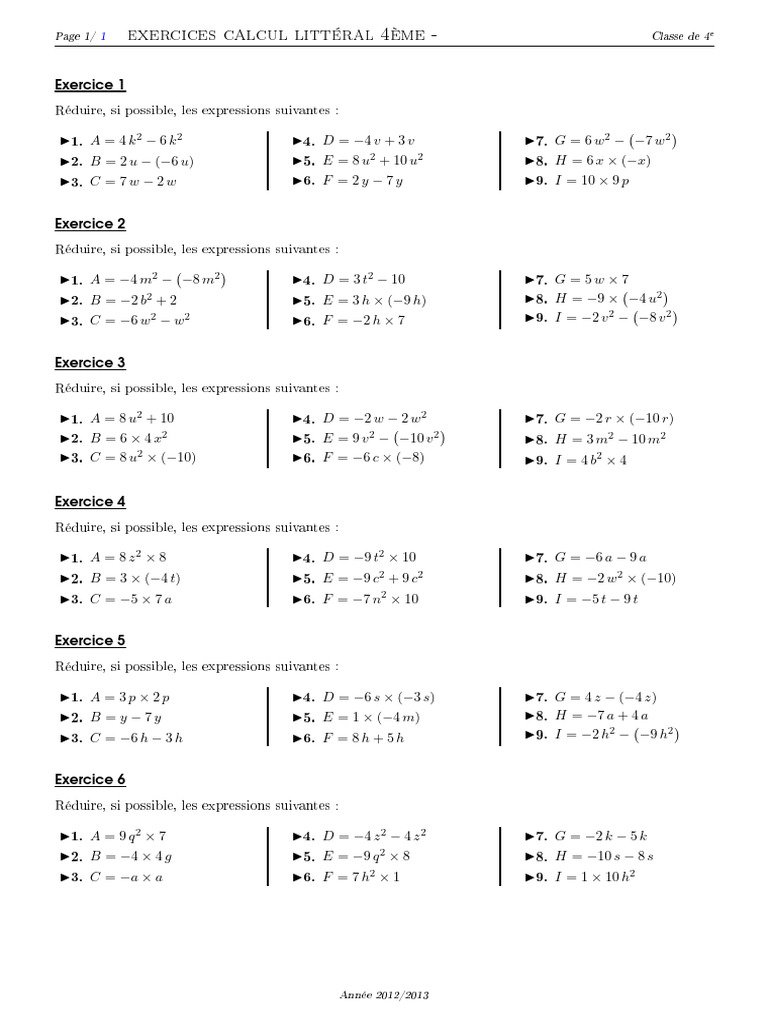 Exercices Calcul Litteral 2college 2 | PDF