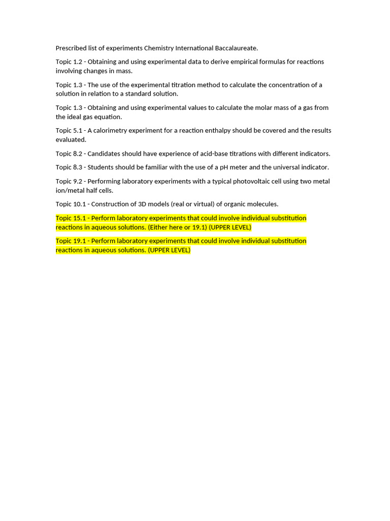 IB Chemistry Experiment Guidelines | PDF