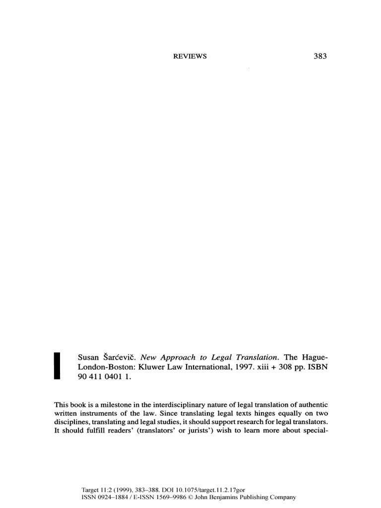 Susan Sarcevic. INew Approach To Legal Translationi (Gorlée, Dinda L ...
