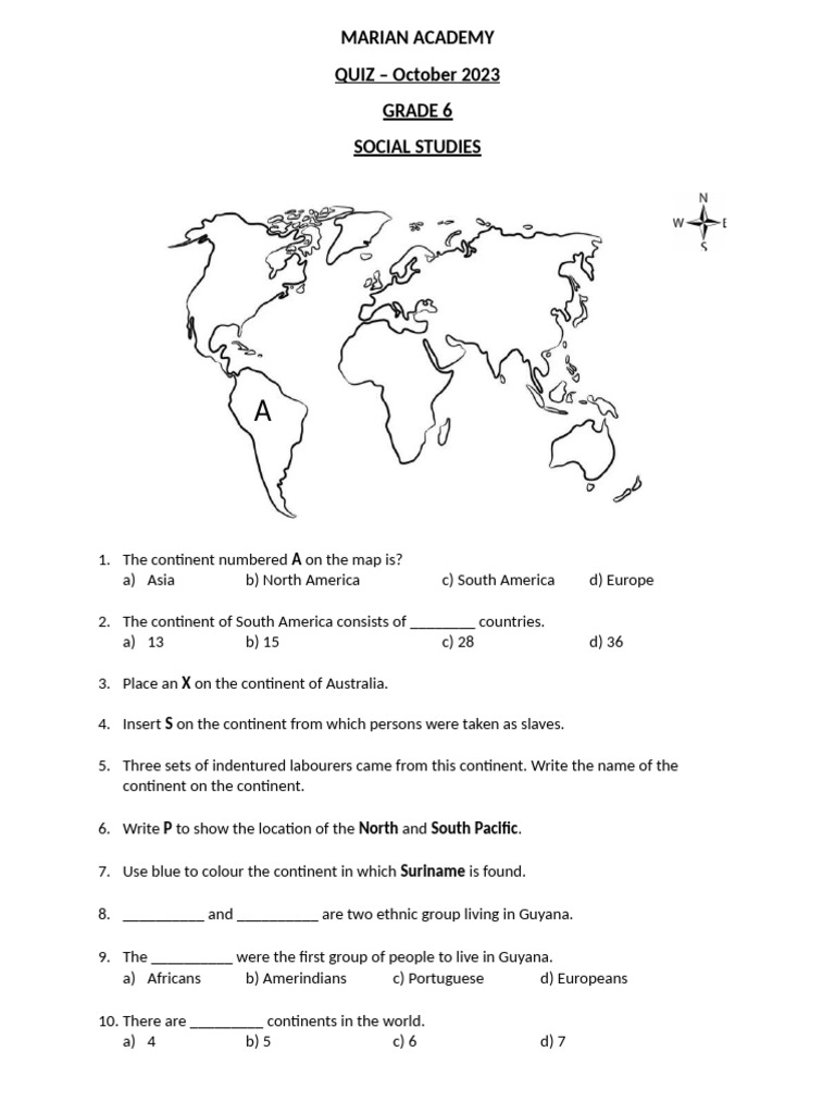 Grade 6 Social Studies Quiz - October 2023 | PDF