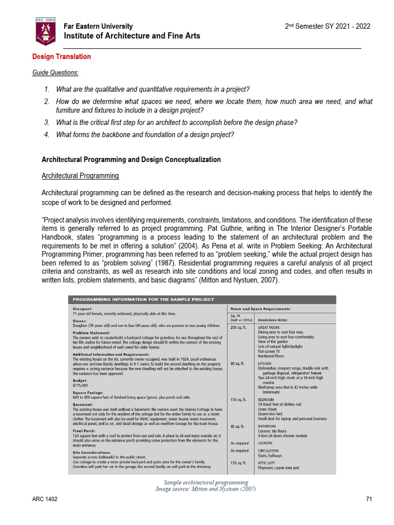 ARC1403 Module 1 Architectural Programming | PDF | Design | Qualitative ...