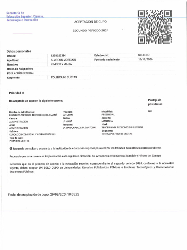 Alarcon Aceptacion Cupo | PDF