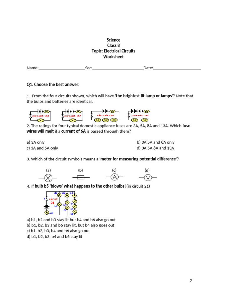 Electrical Circuits Worksheet for Grade 8 | PDF | Series And Parallel ...