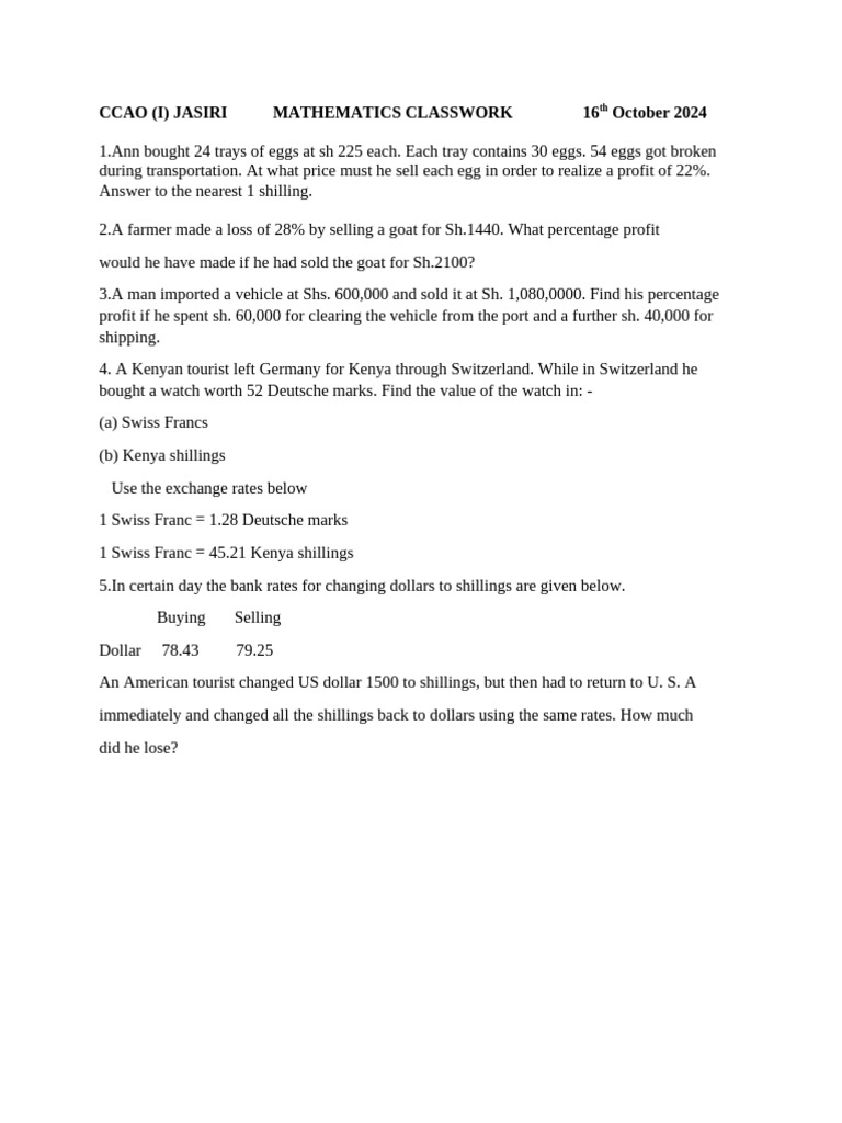 ASSIGNMENTS | PDF | Kenya | Swiss Franc