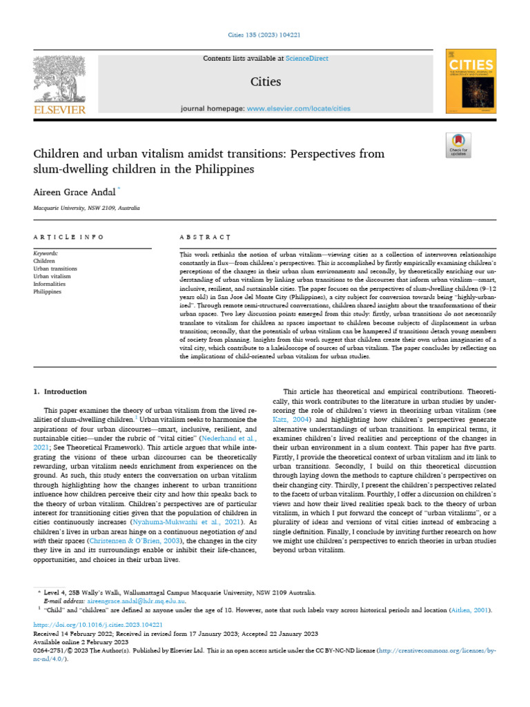 Urban Vitalism Through Children's Eyes | PDF | Slum | Reality