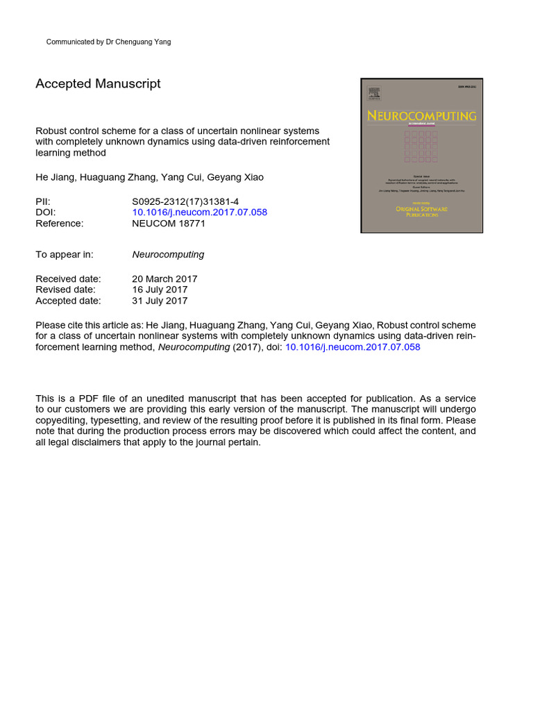 Robust Control Scheme For A Class of Uncertain Nonlinear Systems With Completely Unknown ...