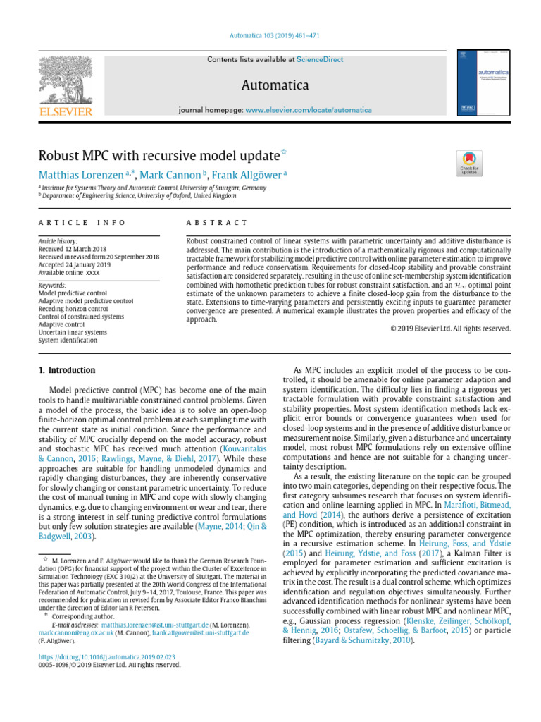 [13] Robust MPC with recursive model update | PDF | Matrix (Mathematics) | Mathematics