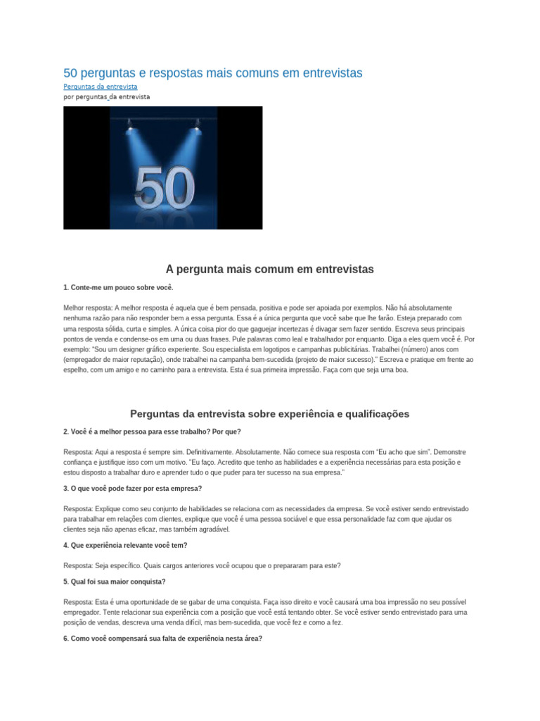 50 Perguntas e Respostas Mais Comuns em Entrevistas | PDF | Entrevista ...
