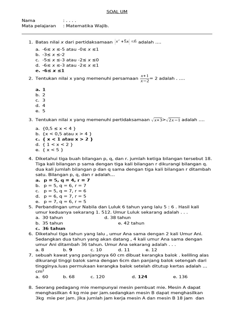 UM Wajib MTK 2020 | PDF