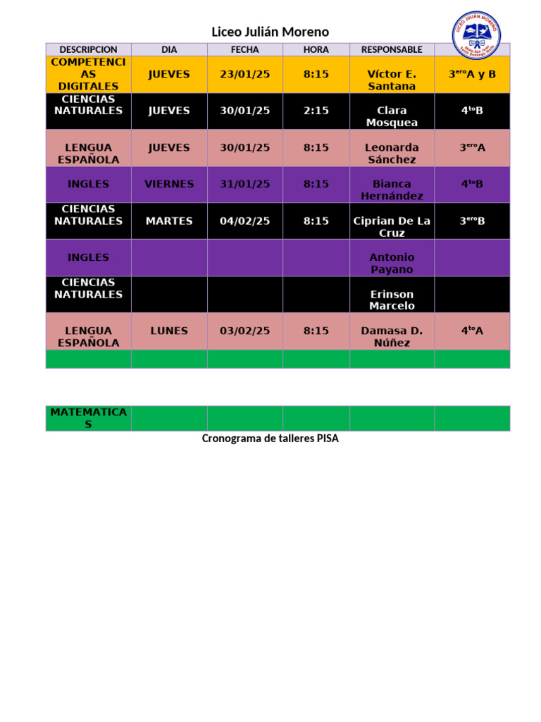 Cronograma de Talleres PISA 2025 | PDF