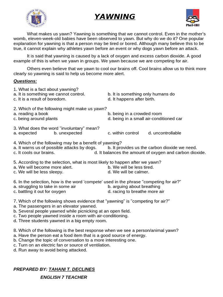 Yawning-Grade-6 (1) | PDF | Carbon Dioxide | Breathing