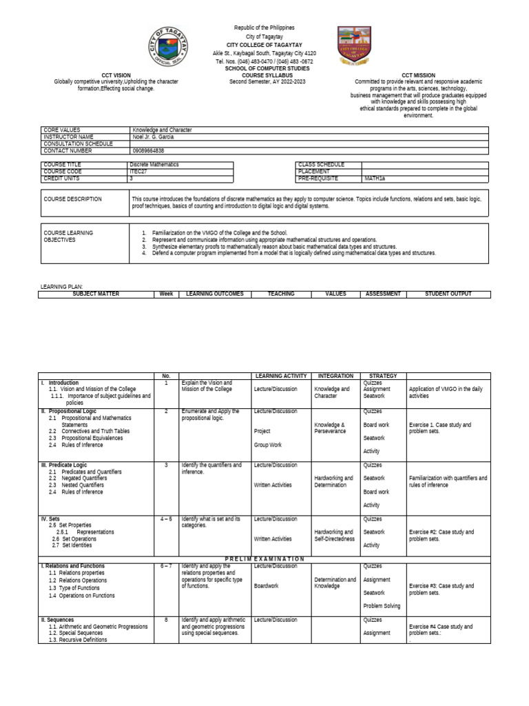Itec27 Discrete Mathematics Syllabus 2ND Sem 2023 2024 | PDF | First ...