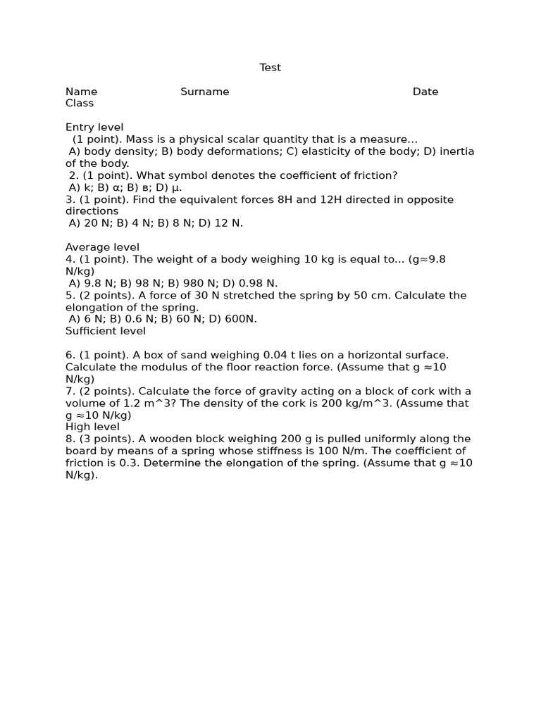 Physics Quiz: Forces and Motion | PDF