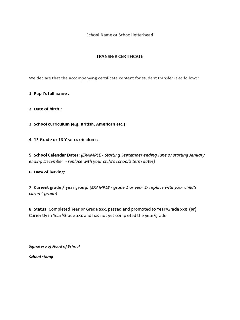 Transfer Certificate Template 1 1 | PDF