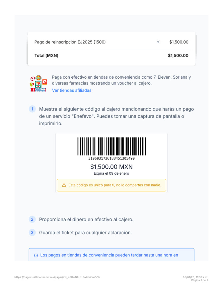 Instrucciones Pago Reinscripción 2025 | PDF