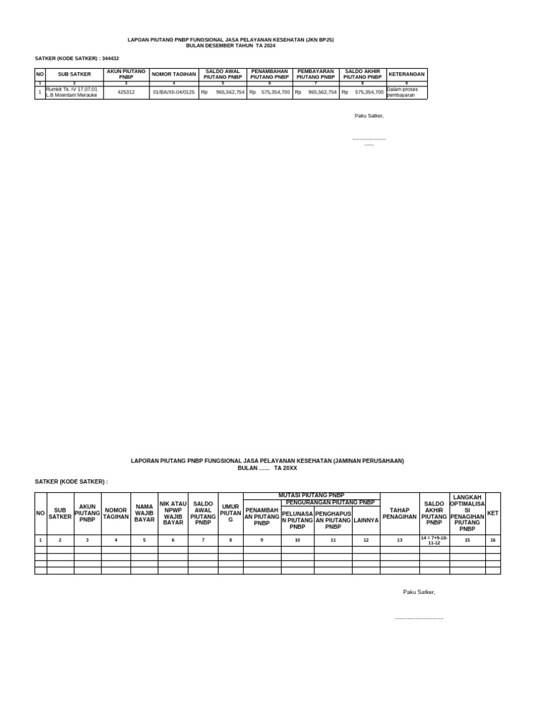 Format Lampiran Piutang PNBP Desember Ta. 2024 | PDF