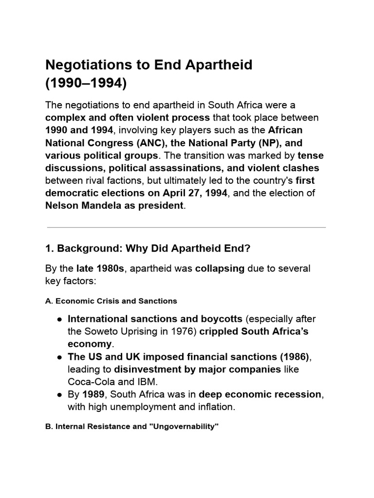Ending Apartheid: Key Negotiations (1990-1994) | PDF | Apartheid ...
