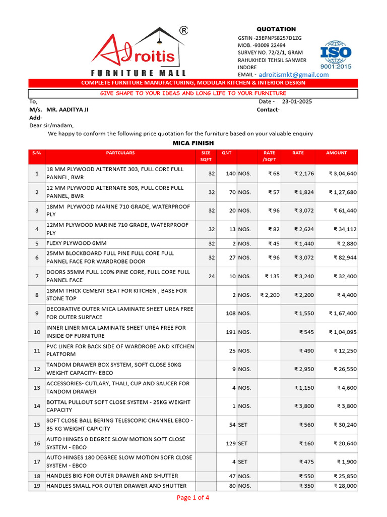 QTN #2 MICA FINISH - MR. AADITYA JI (1) | PDF | Plywood | Bedroom