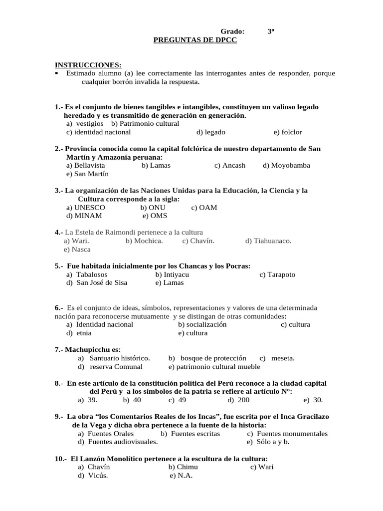 Preguntas de DPCC para 3º Grado | PDF | Perú