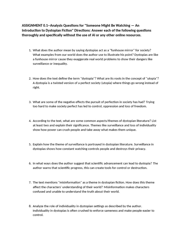 Dystopian Lit Questions Updated | PDF | Dystopia | Utopian And ...