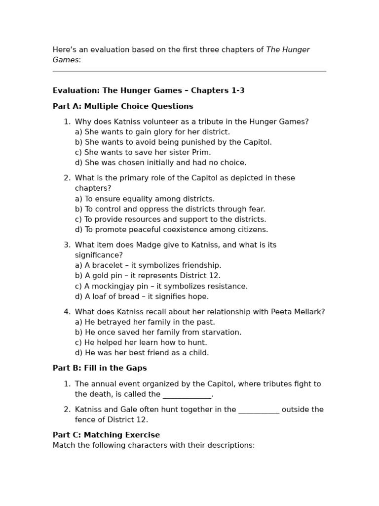 Hunger Games Chapters 1-3 Evaluation Key | PDF