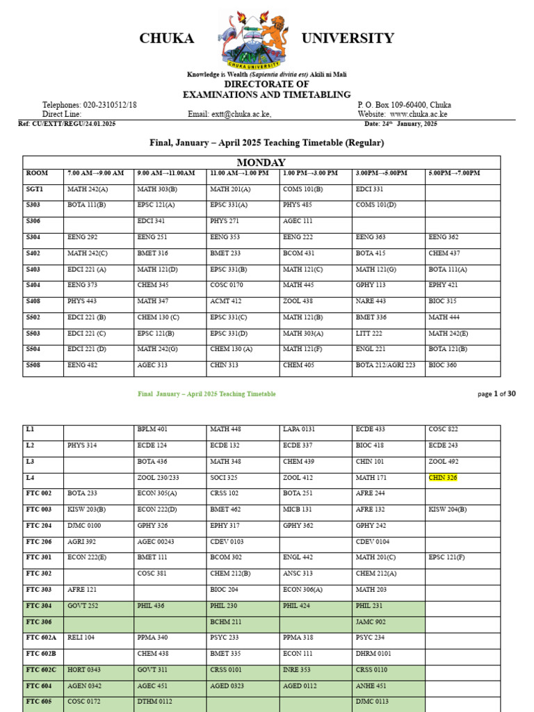 Final January April 2025 Teaching Reguler Timetable | PDF | Biology | Botany
