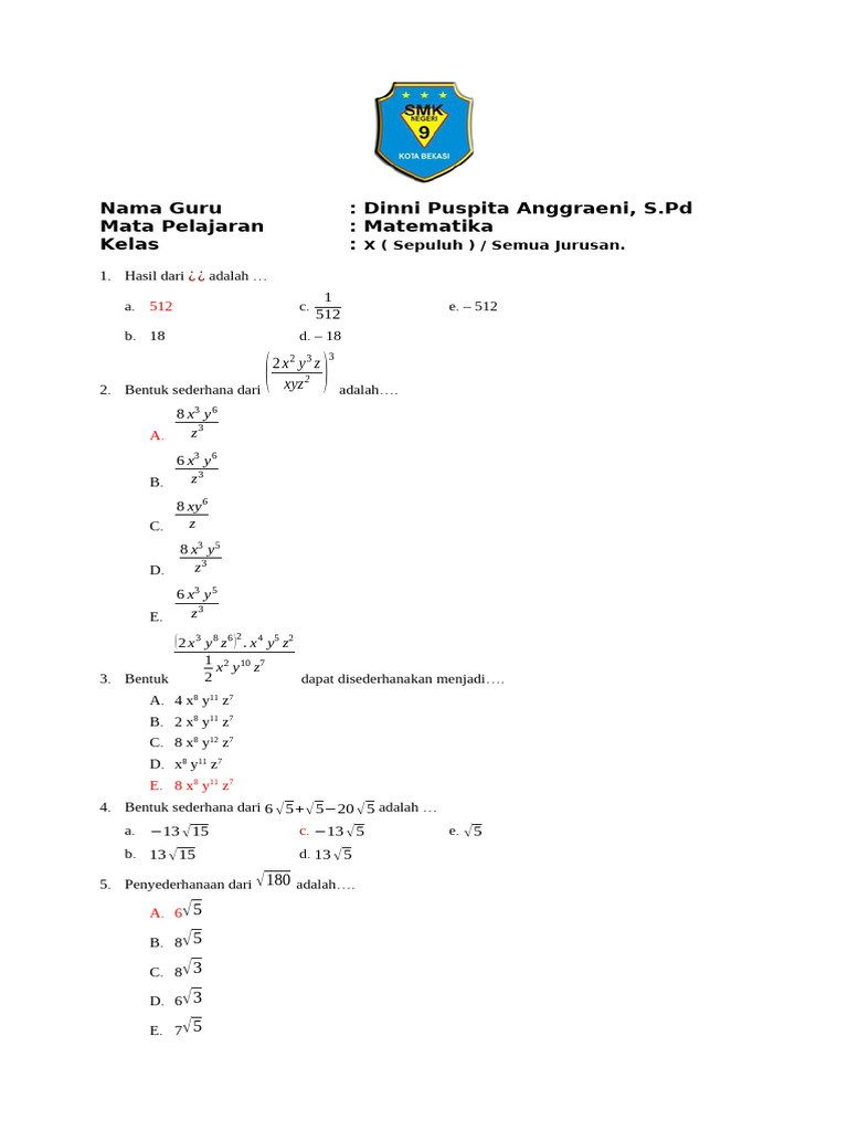 SOAL PAS GANJIL MATEMATIKA KELAS X 2023 new | PDF