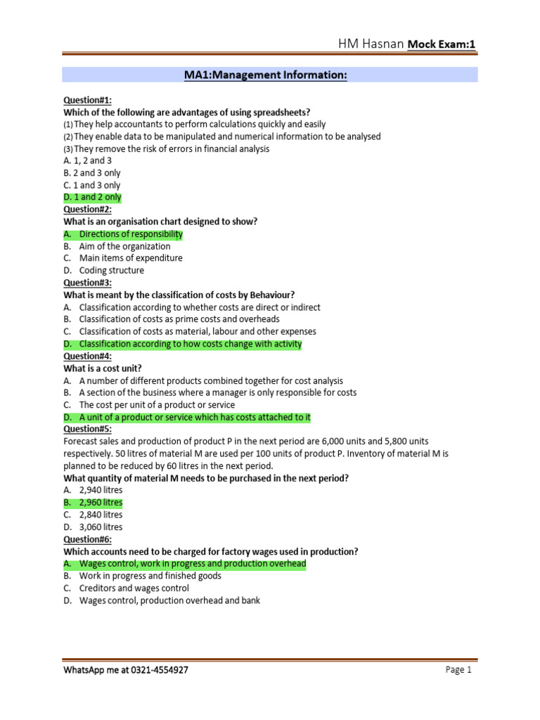HM Hasnan Mock Exam Questions | PDF | Cost Of Goods Sold | Business ...