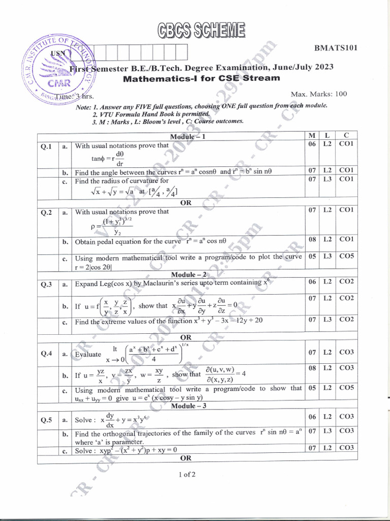 VTU Question Paper of BMATS101 Mathematics-I For CSE Stream June-July ...