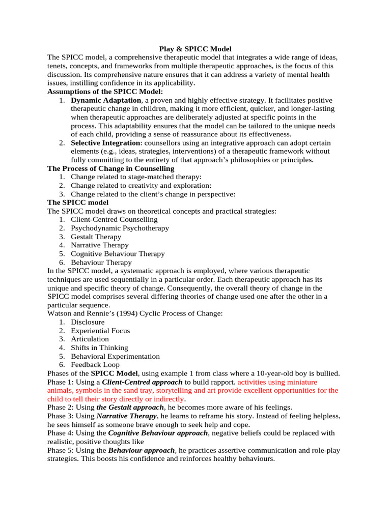 Play and SPICC Model Notes | PDF | Psychotherapy | Play Therapy