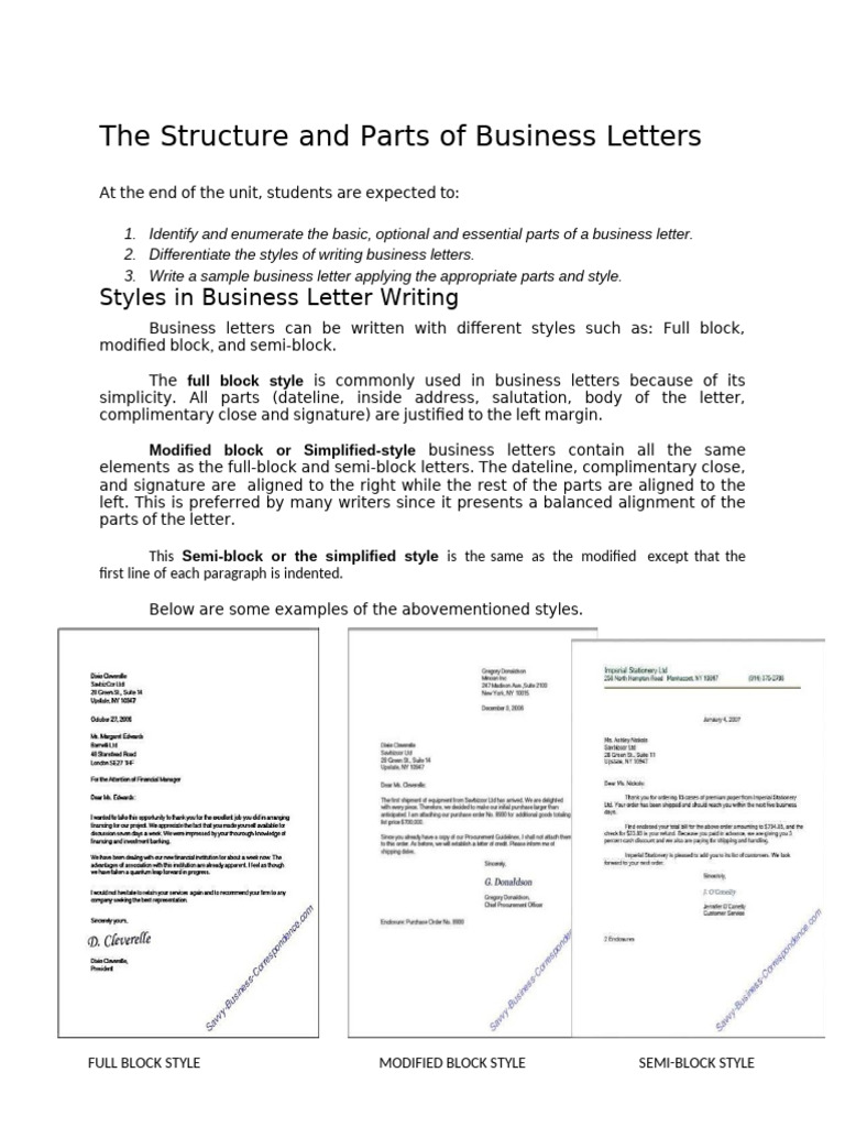 The Structure and Parts of Business Letters | PDF | Written ...