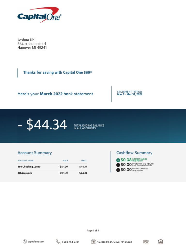 Capital One Bank Statements | PDF | Debit Card | Transaction Account