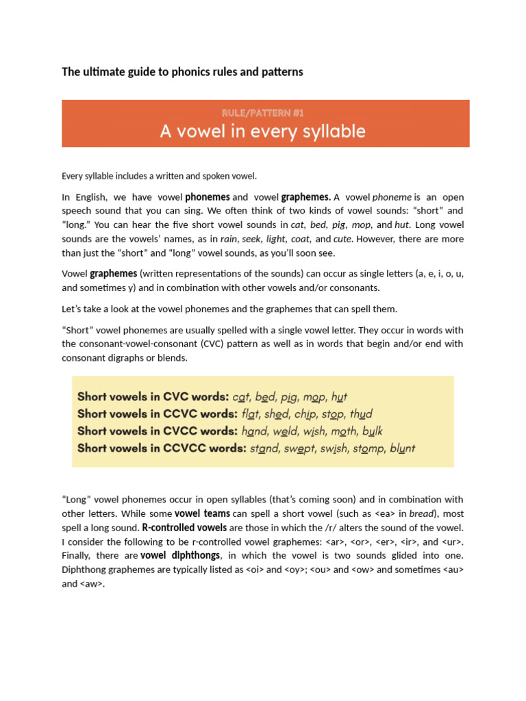 The Ultimate Guide To Phonics Rules and Patterns | PDF | Syllable | Vowel