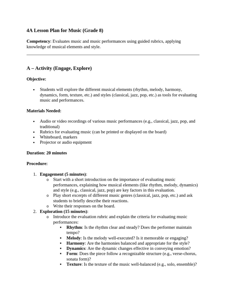 4A Lesson Plan For Music | PDF | Rhythm | Evaluation