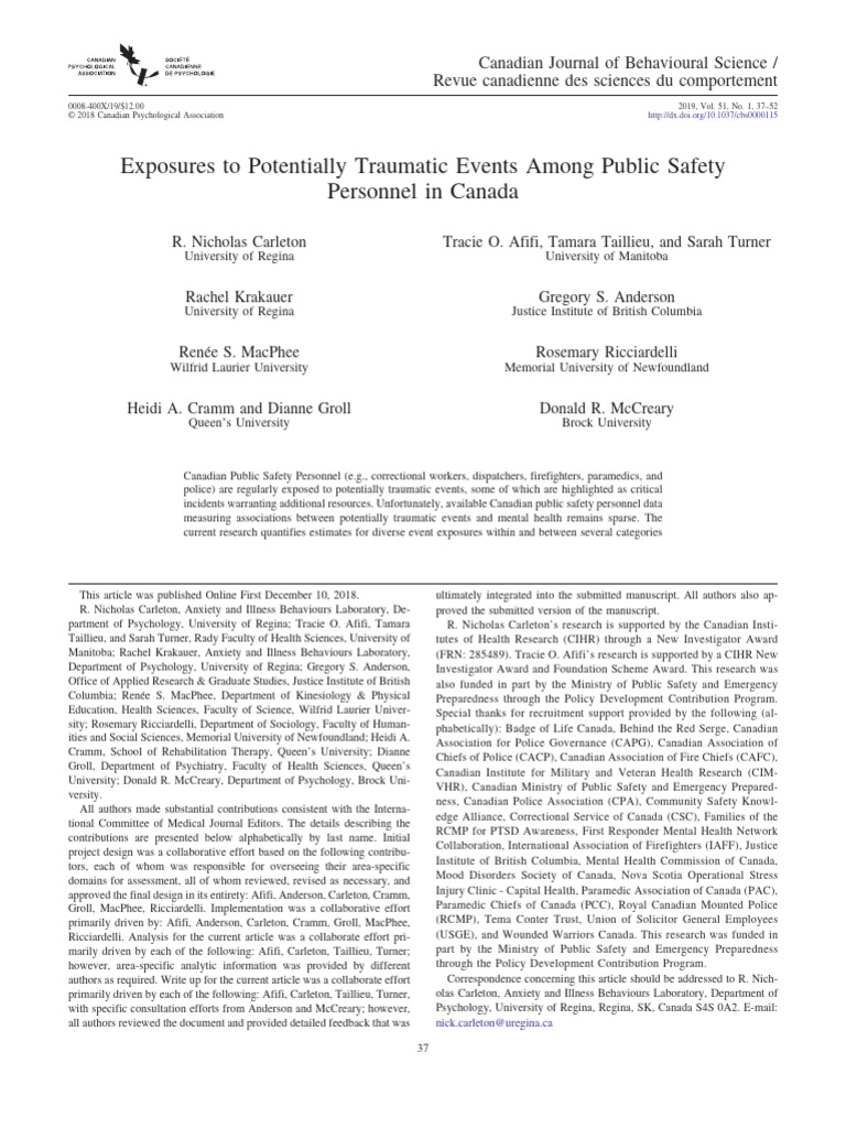Traumatic Event Exposure in Canadian Public Safety | PDF ...
