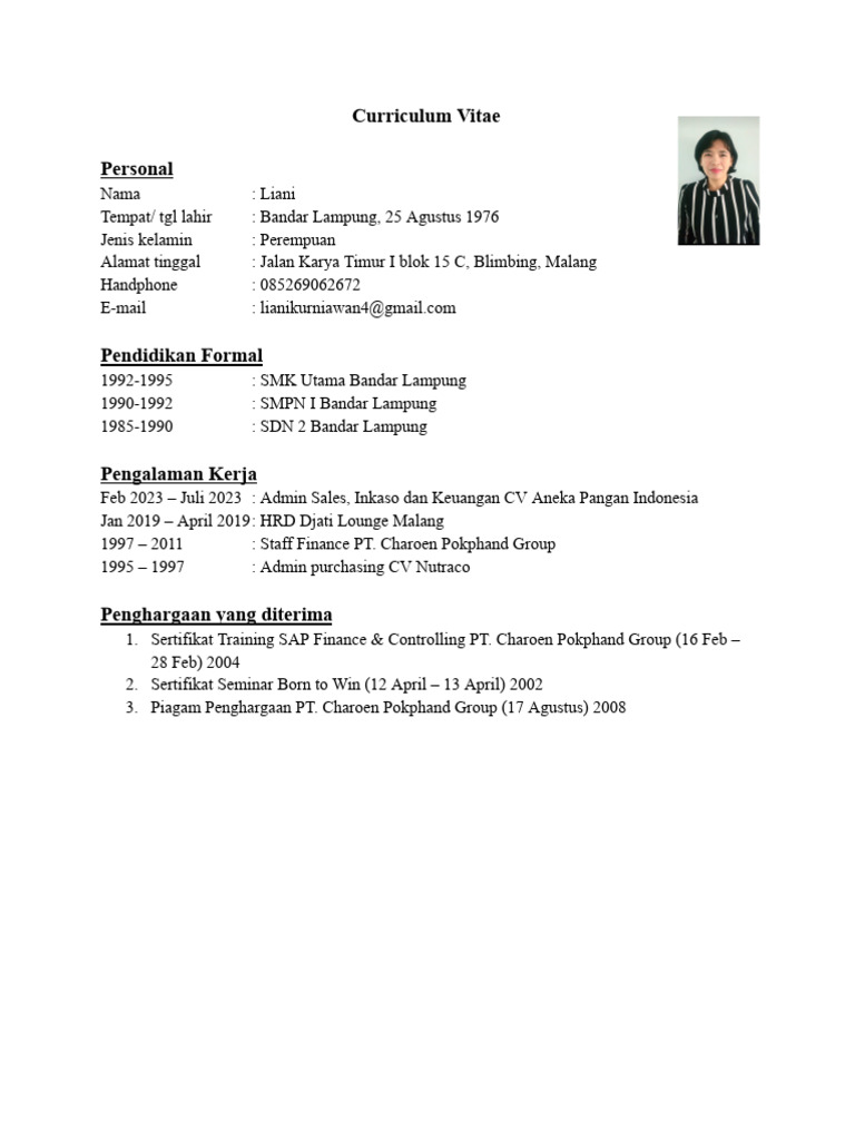 CV Liani: Pengalaman dan Pendidikan | PDF